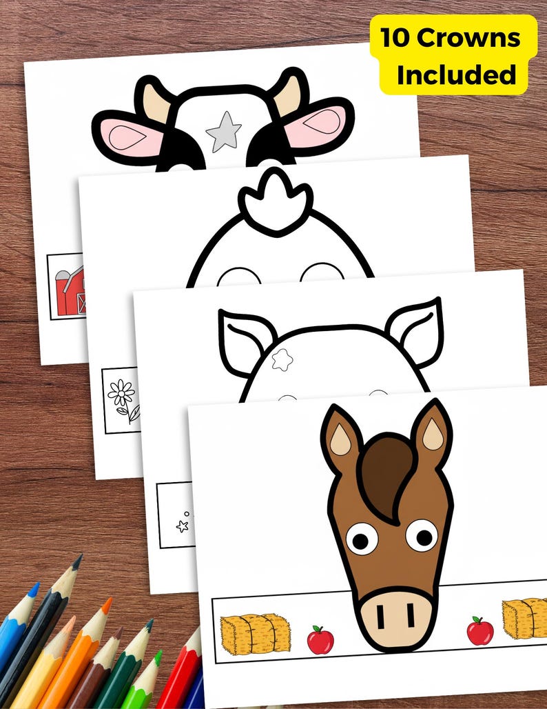 Farm Animal Paper Crown: Kids Coloring Craft Activity (PDF Download ...