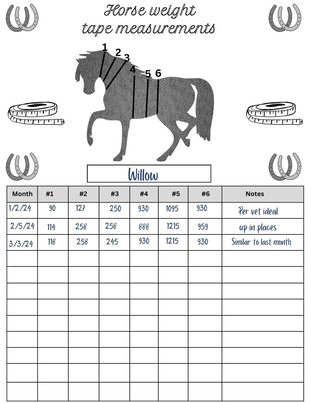 Horse Weight Tape Chart: 12 Months to List and Monitor Changes - Etsy