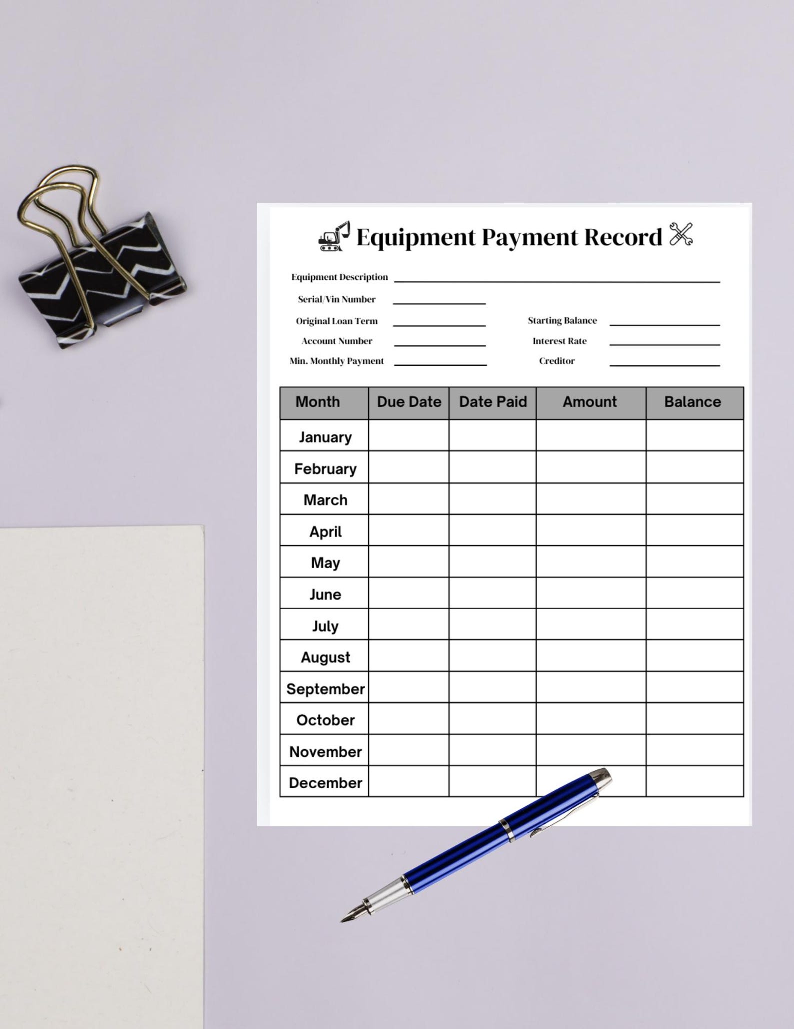 Printable Equipment Loan Tracker, Equipment Payment Records, Payment ...