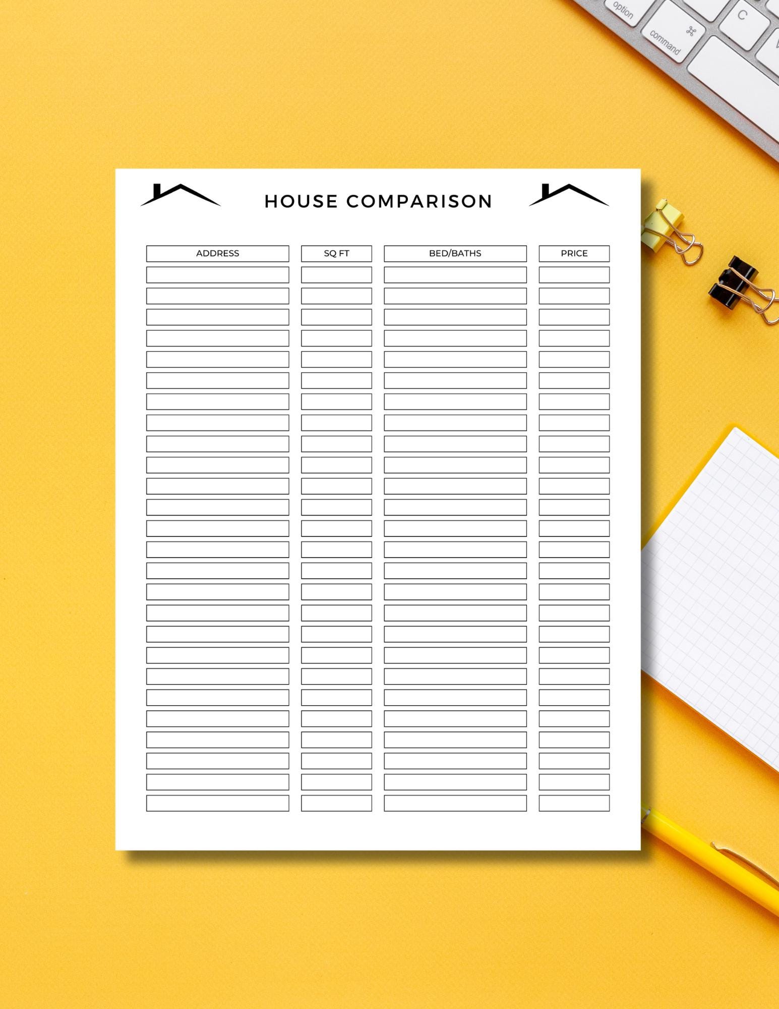 Printable House Comparison Checklist,house Comparison Tracker,fillable ...