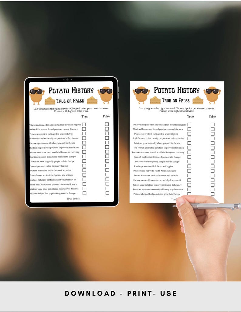 Potato True or False Trivia, Potato History Quiz, Potato Day, Office ...