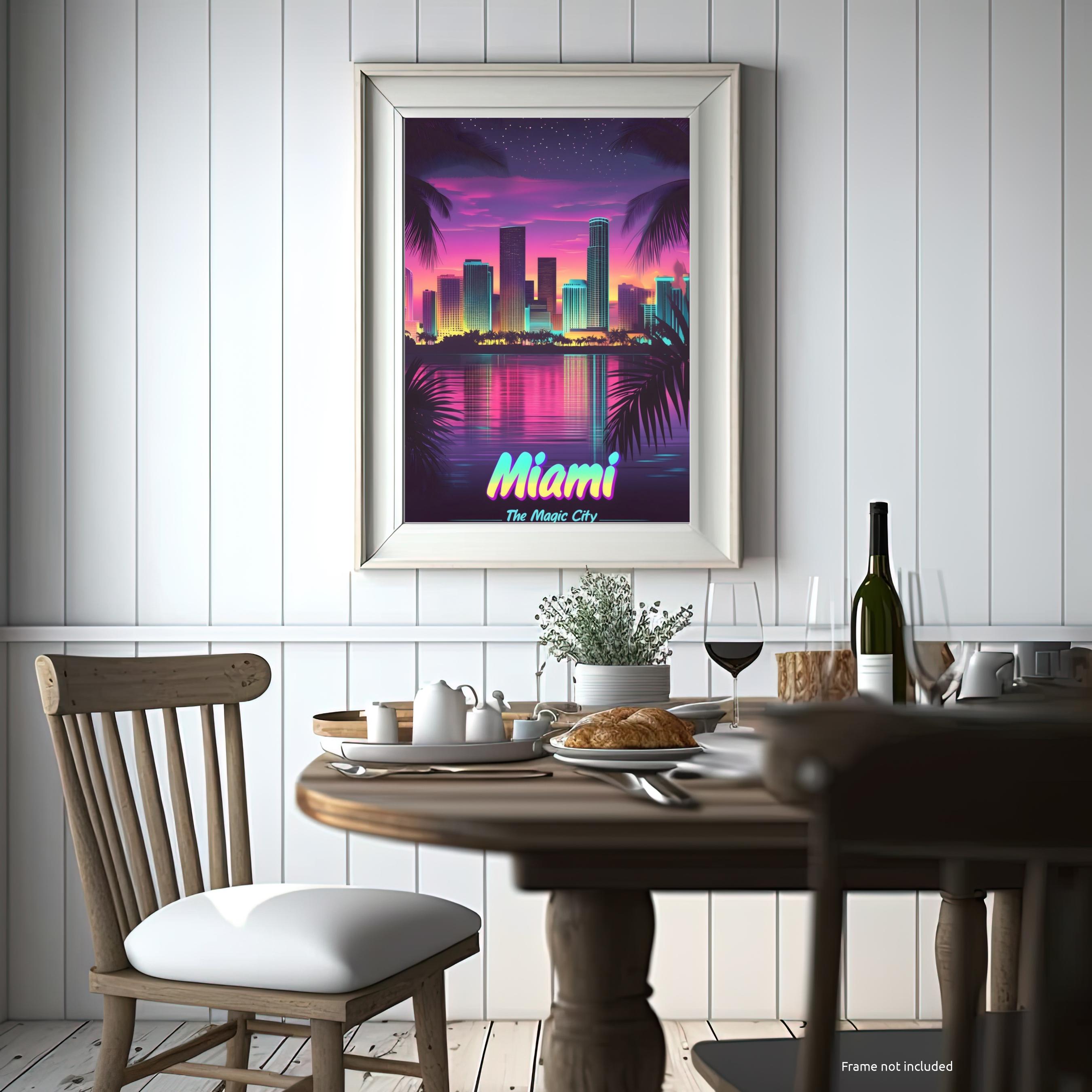 Miami the Magic City Poster - Retro Neon Skyline Wall Art - Vibrant ...