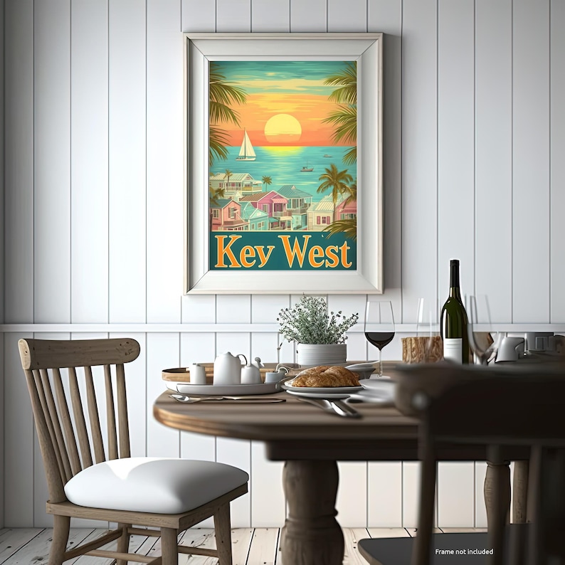 Vintage Style Key West Travel Poster, Tropical Sunset Wall Art, Coastal ...