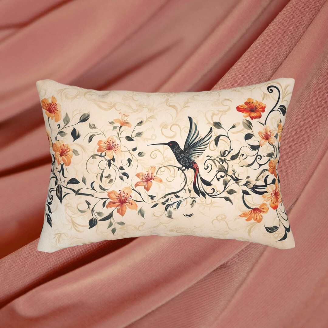 Elegant Floral Hummingbird Lumbar Pillow for Couch or Bed - Decorative ...