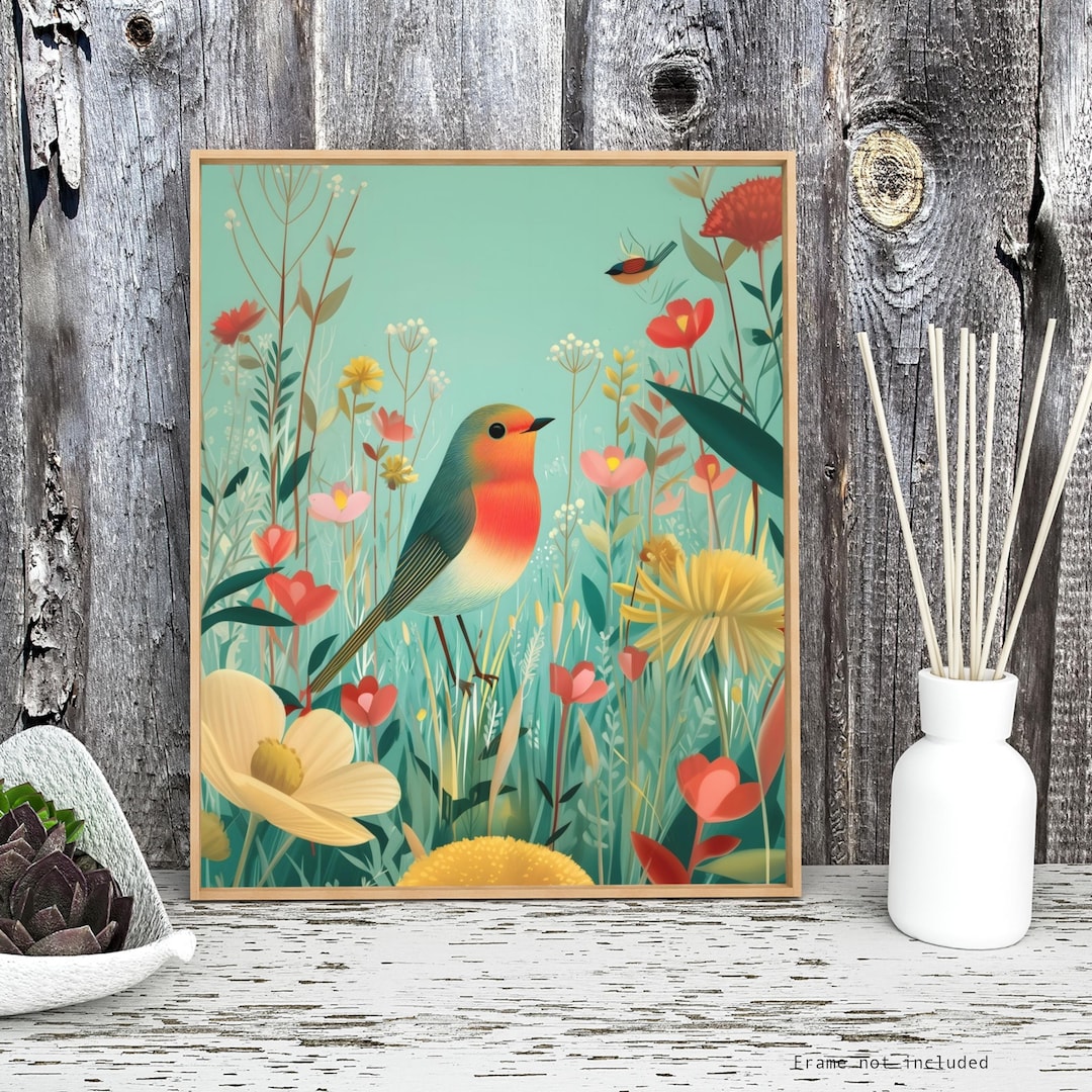 Spring Bird Wall Art Print With Colorful Robin and Wildflowers in ...