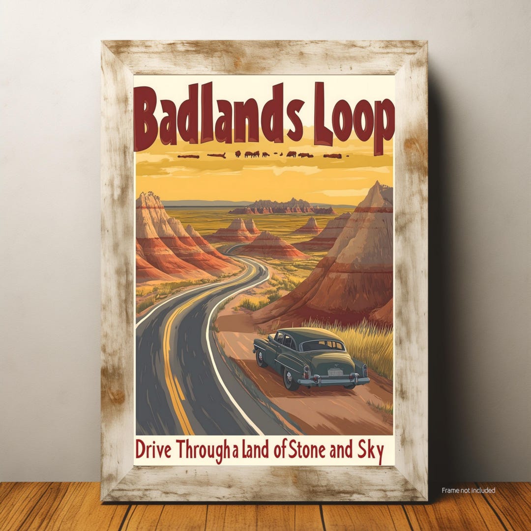 Badlands Loop Retro Travel Poster With Classic Car, Desert Landscape ...