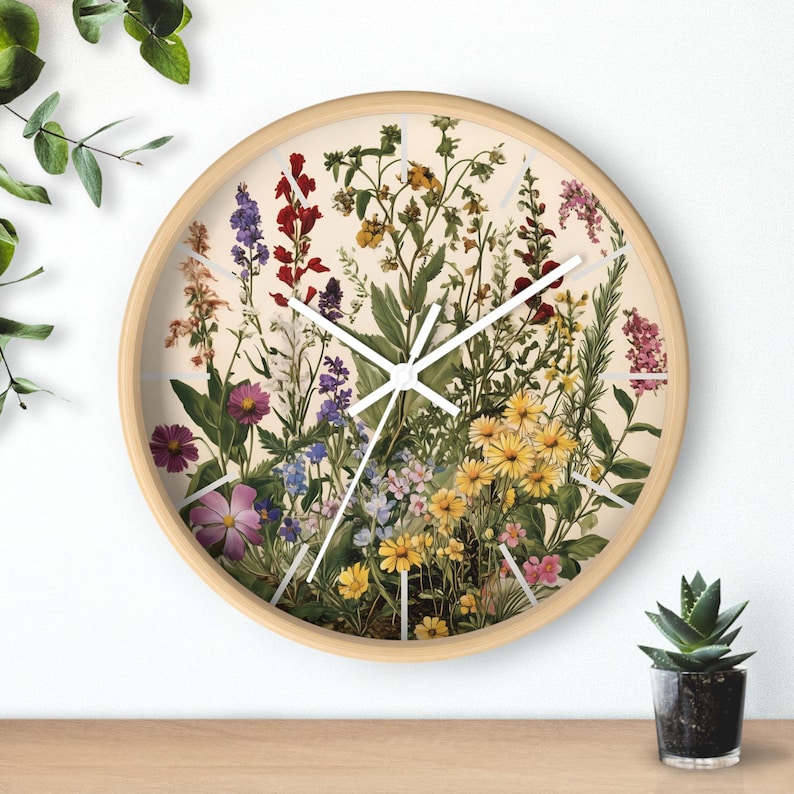 Vintage Look Botanical Wall Clock - Herbs and Flowers Home Decor ...