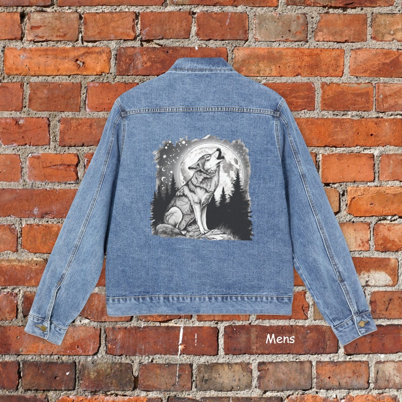 Howling Wolf Denim Jacket Wolf With Moon and Stars Artwork Freedom of ...