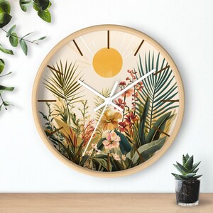 Floral Wall Clock With Wooden Frame - Tropical Plant Design Decorative ...