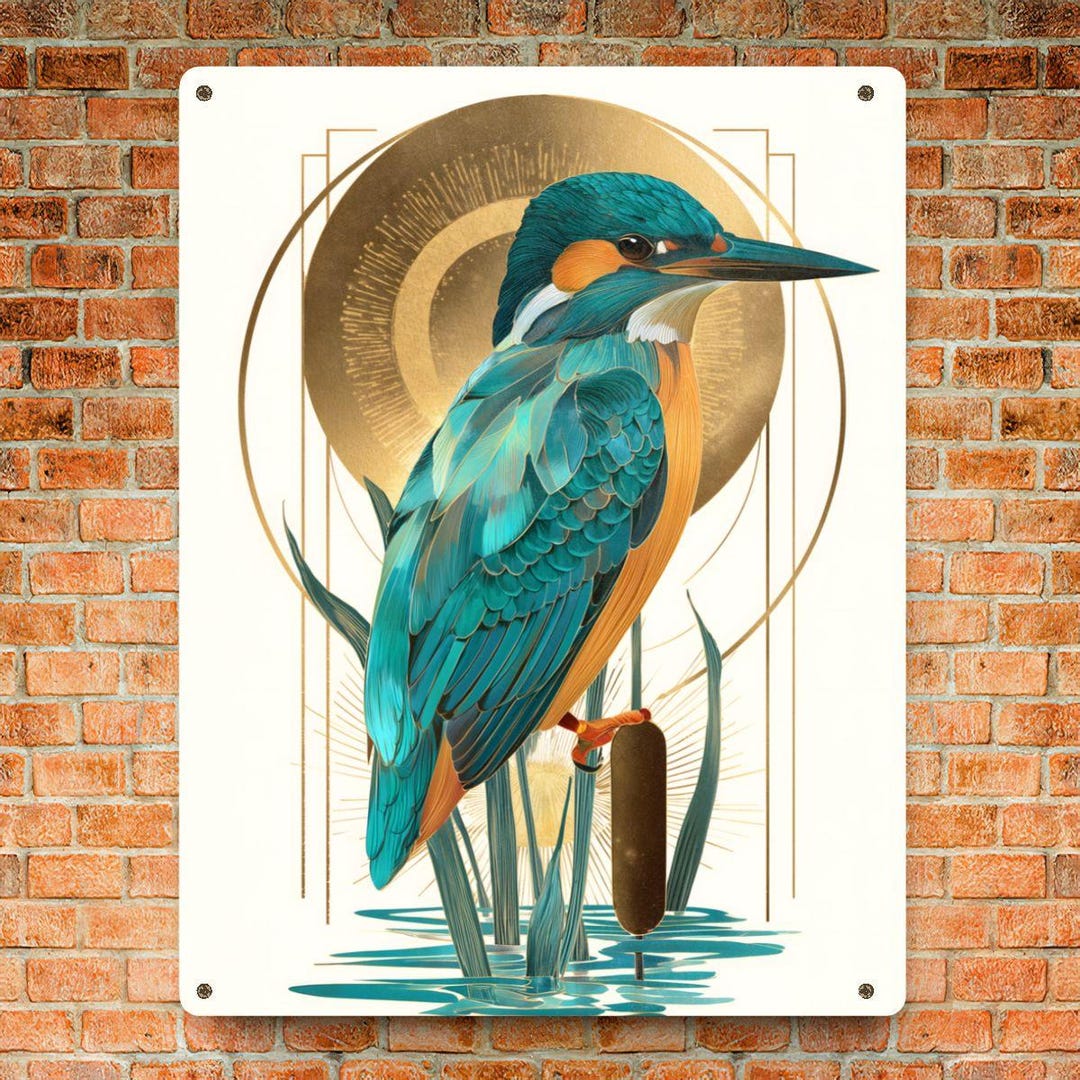 Art Deco Kingfisher Metal Wall Art Elegant Blue and Gold Bird Print ...