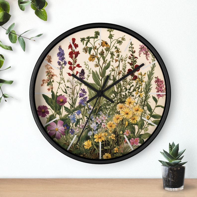 Vintage Look Botanical Wall Clock - Herbs and Flowers Home Decor ...