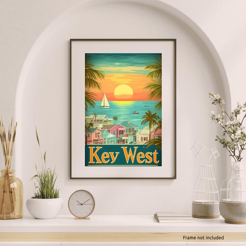 Vintage Style Key West Travel Poster, Tropical Sunset Wall Art, Coastal ...