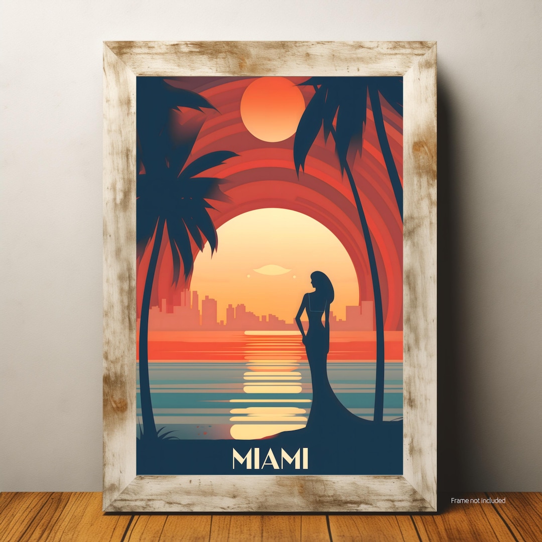 Miami Art Deco Sunset Poster, Retro Travel Wall Art, Vintage Beach ...