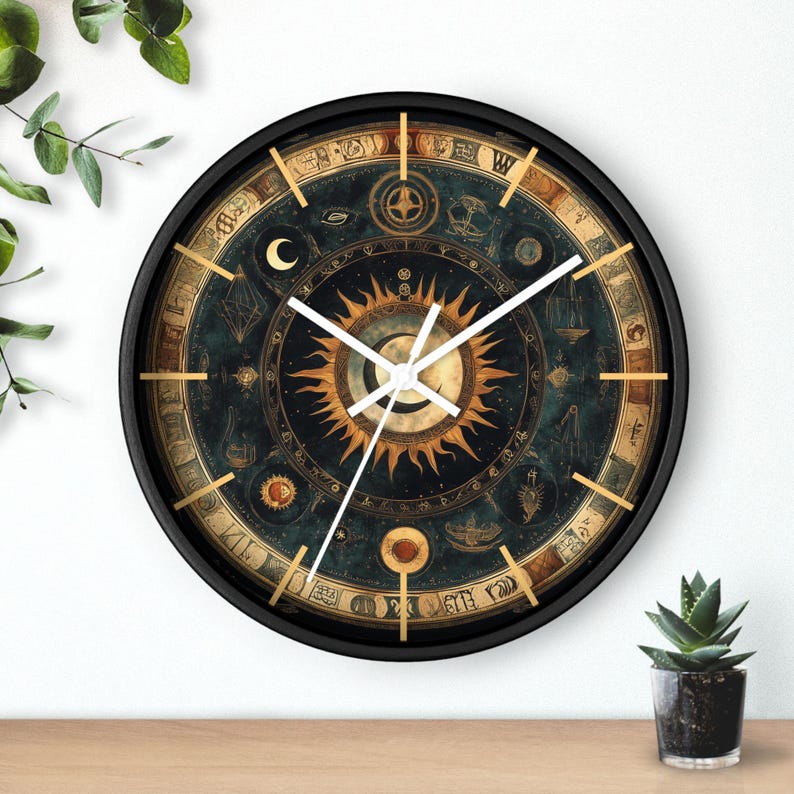 Alchemist's Wall Clock, Alchemical Symbols, Sun and Crescent Moon ...