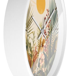 Floral Wall Clock With Wooden Frame - Tropical Plant Design Decorative ...