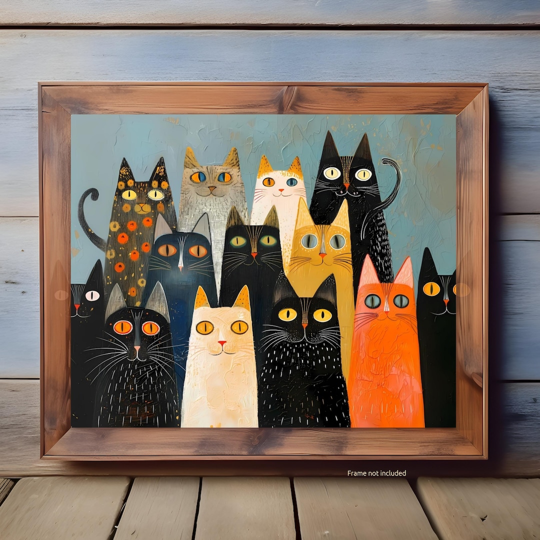 Whimsical Cat Painting Print - Colorful Folk Art Cats Wall Art - Home ...