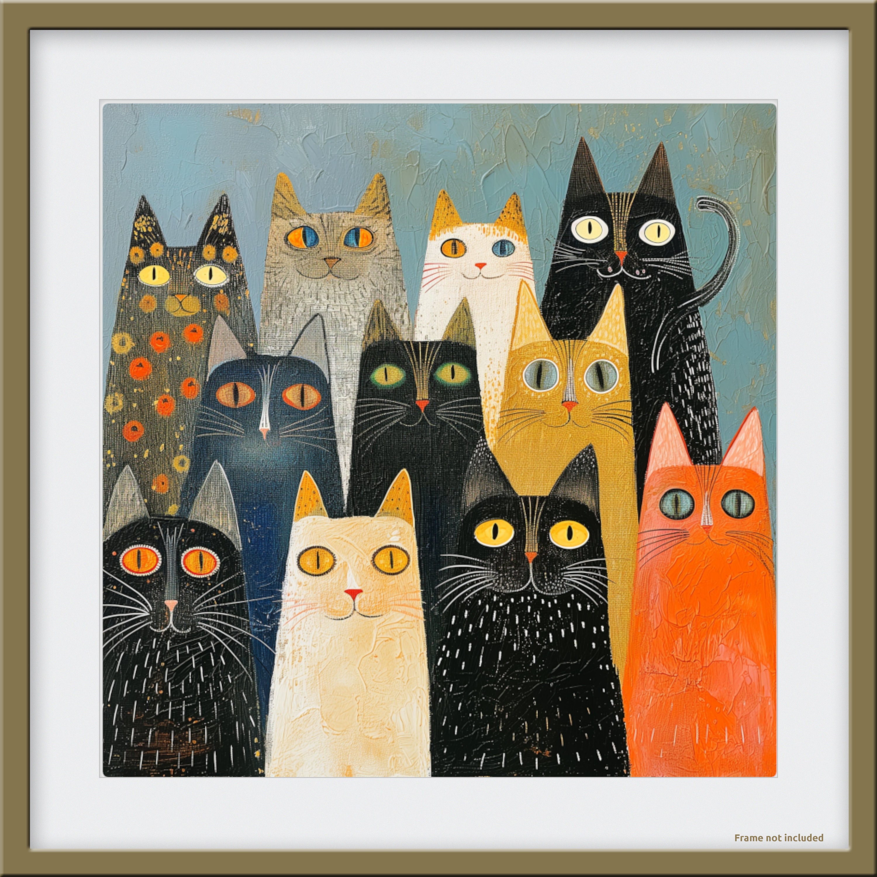Naive Art Print With Adorable Cat Faces - Etsy