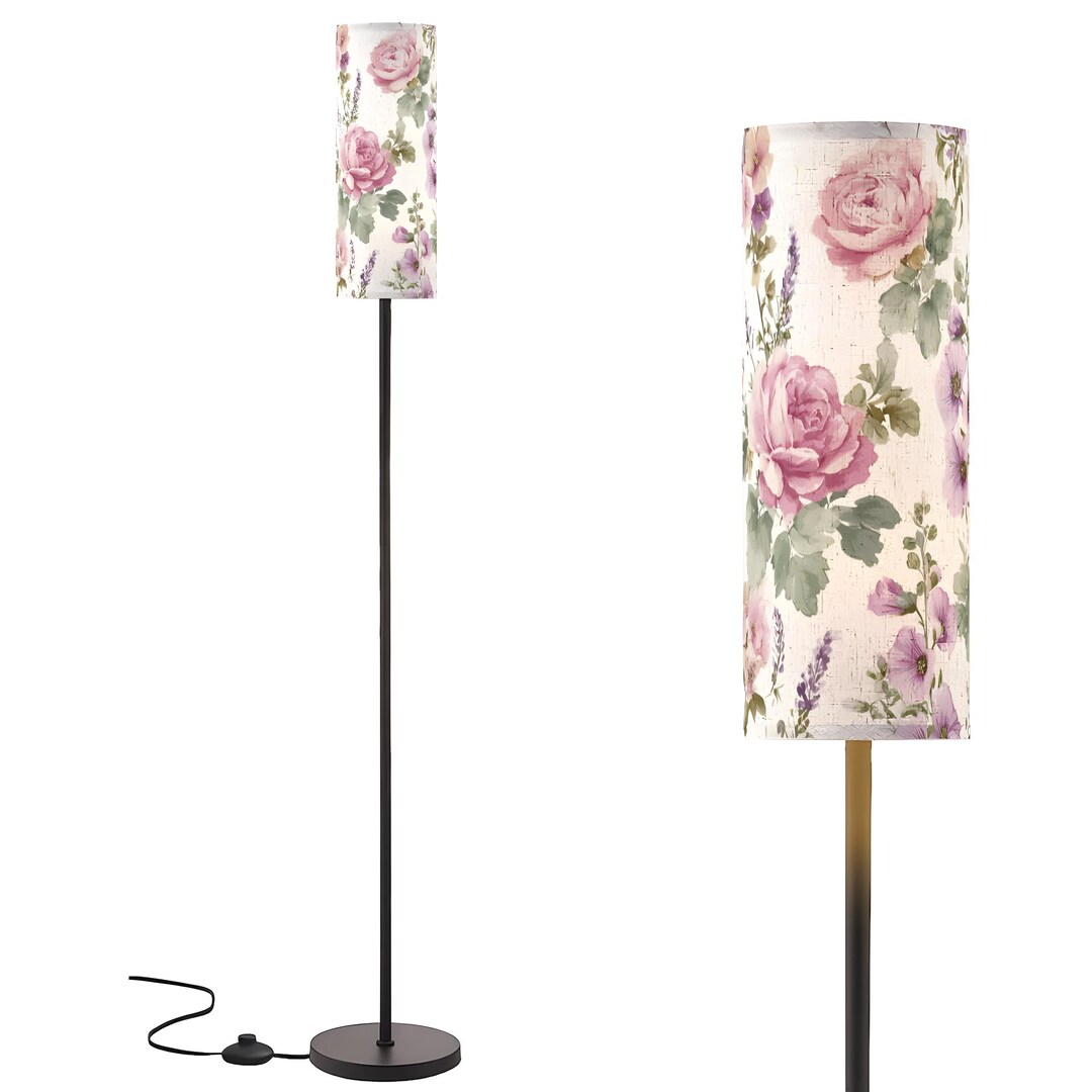 Garden Floral Rose Print Cylinder Floor Lamp With Romantic Soft ...