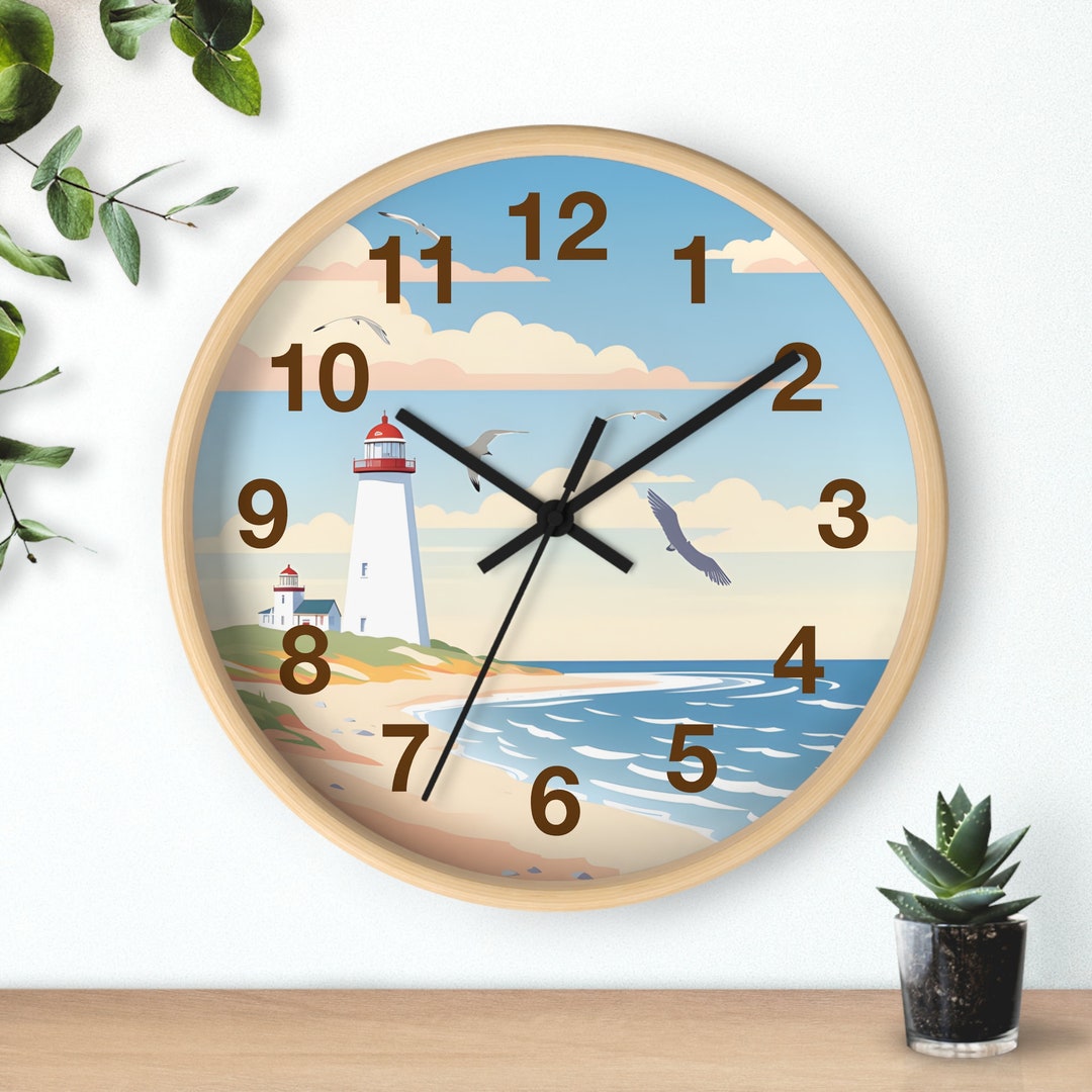 Lighthouse Wall Clock With Ocean Scene and Beach - Coastal Nautical Wall Clock for Seaside ...