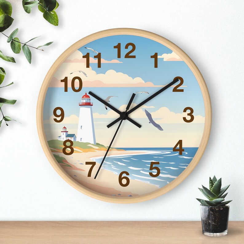 Nautical Wall Clock With Ocean Scene and Lighthouse Coastal Decor for ...