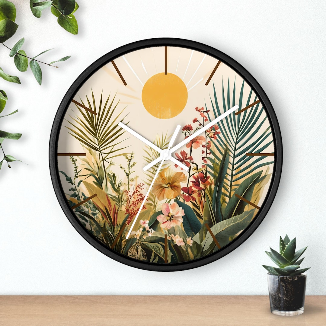 Floral Wall Clock With Wooden Frame - Tropical Plant Design Decorative ...