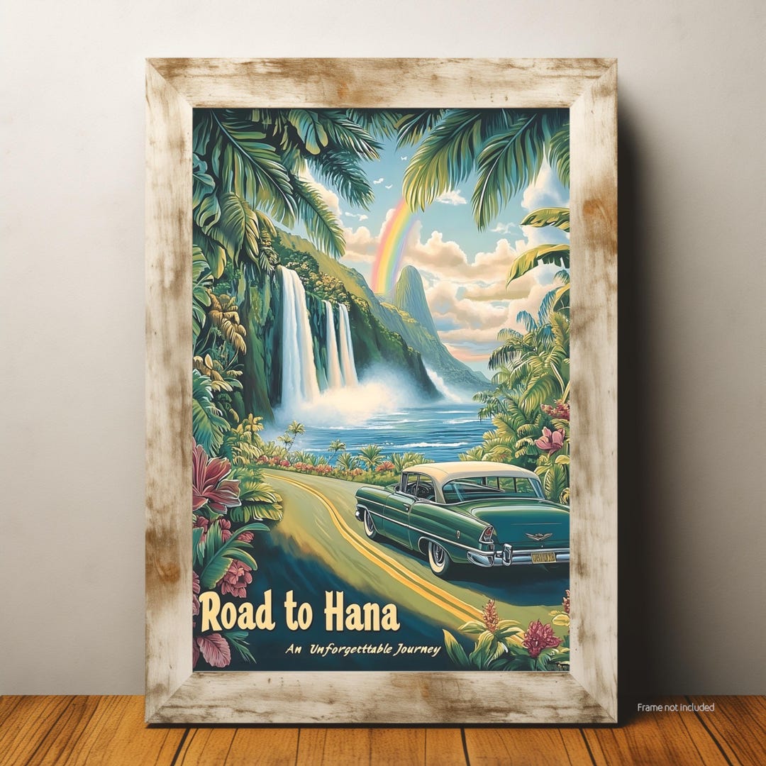 Vintage Road to Hana Poster With Classic Car, Tropical Landscape ...