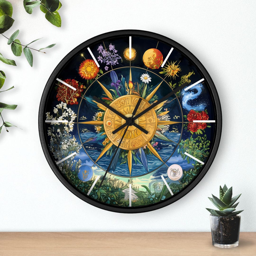 Zodiac Wheel Wall Clock With Sun Center and Botanical Illustrations ...