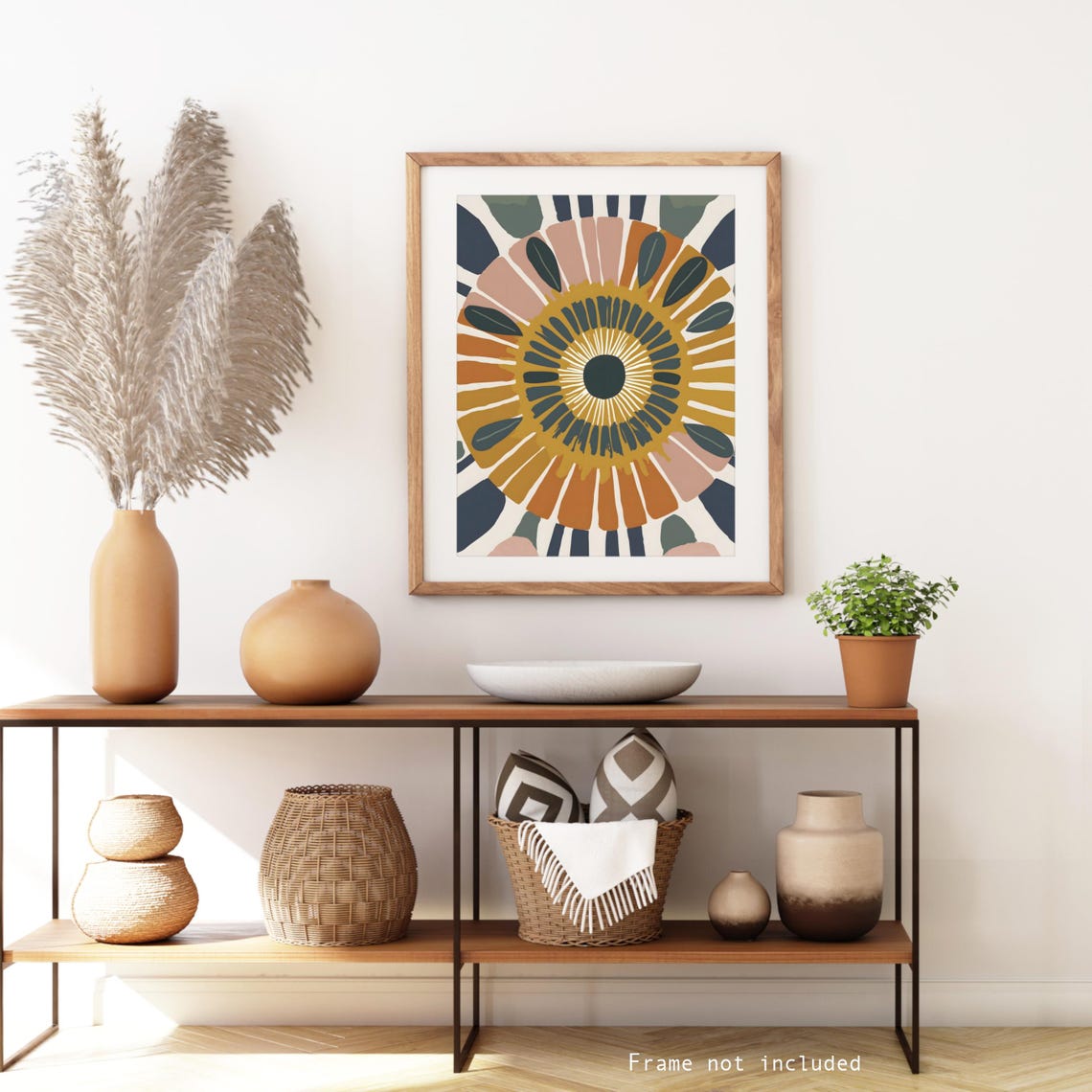 Retro Sunburst Flower Wall Art Print, Bold Abstract Floral Poster, Mid ...