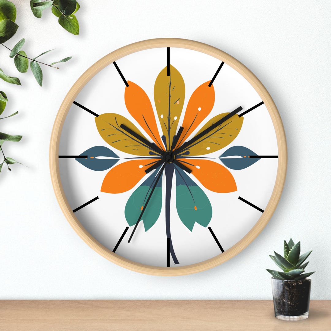 Modern Boho Floral Wall Clock With Minimalist Leaf Design, Unique Round ...