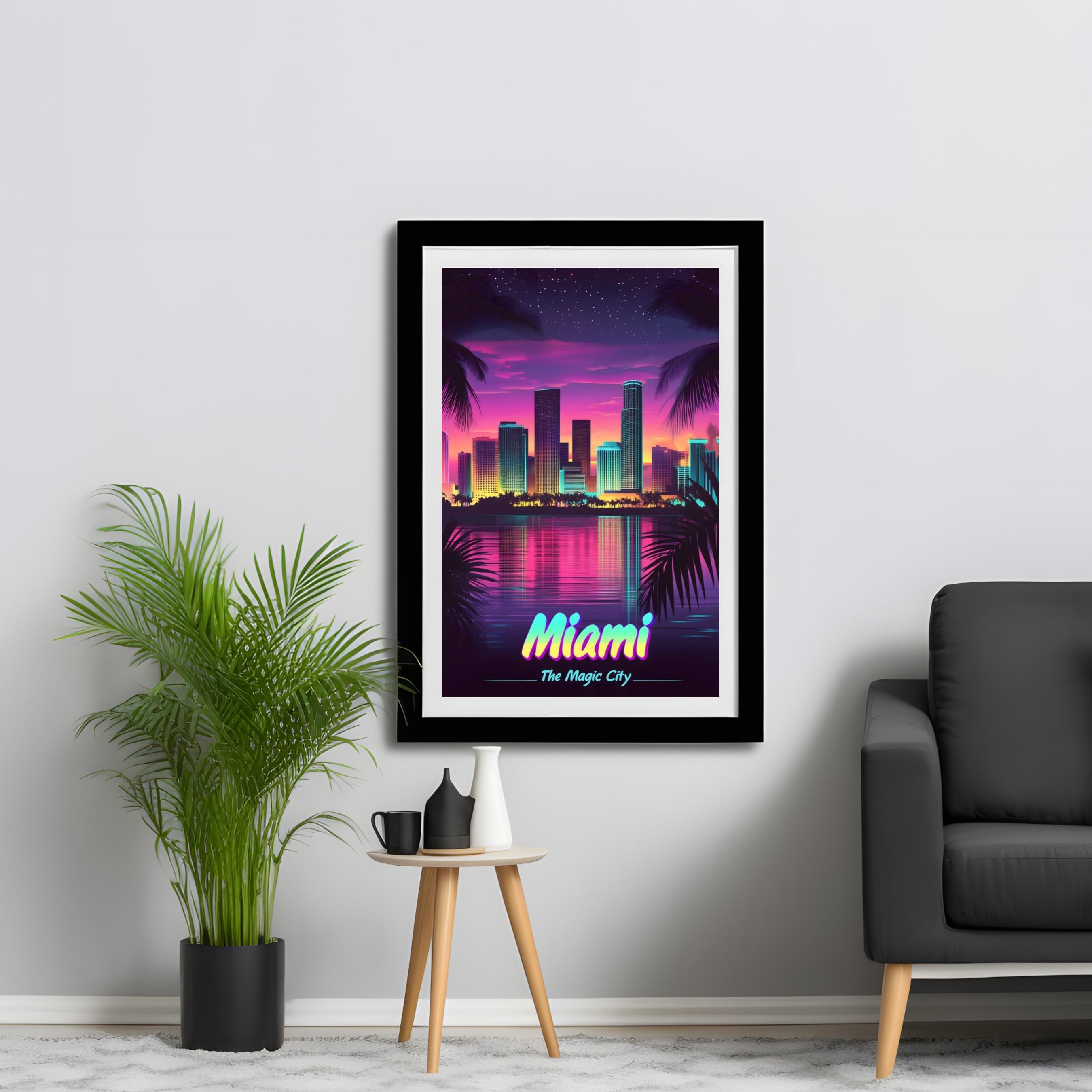 Miami the Magic City Poster - Retro Neon Skyline Wall Art - Vibrant ...