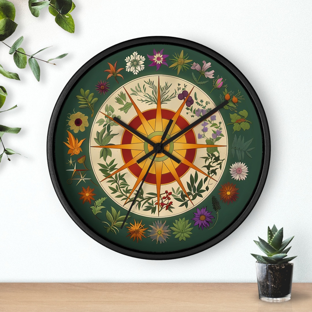 Botanical Sunburst Wall Clock - Vintage Inspired Decorative Clock With ...