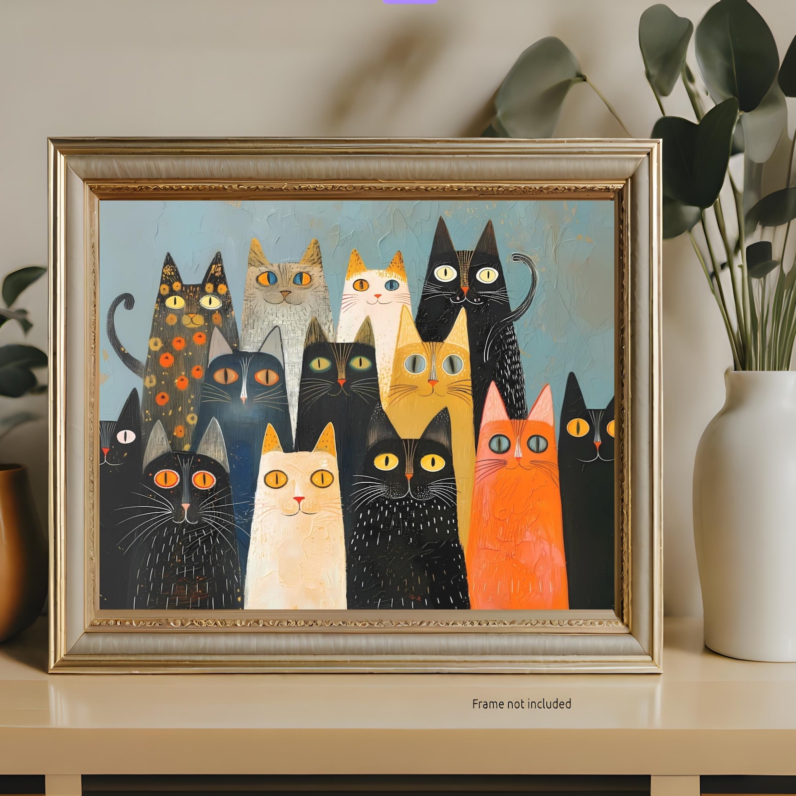 Whimsical Cat Painting Print - Colorful Folk Art Cats Wall Art - Home ...