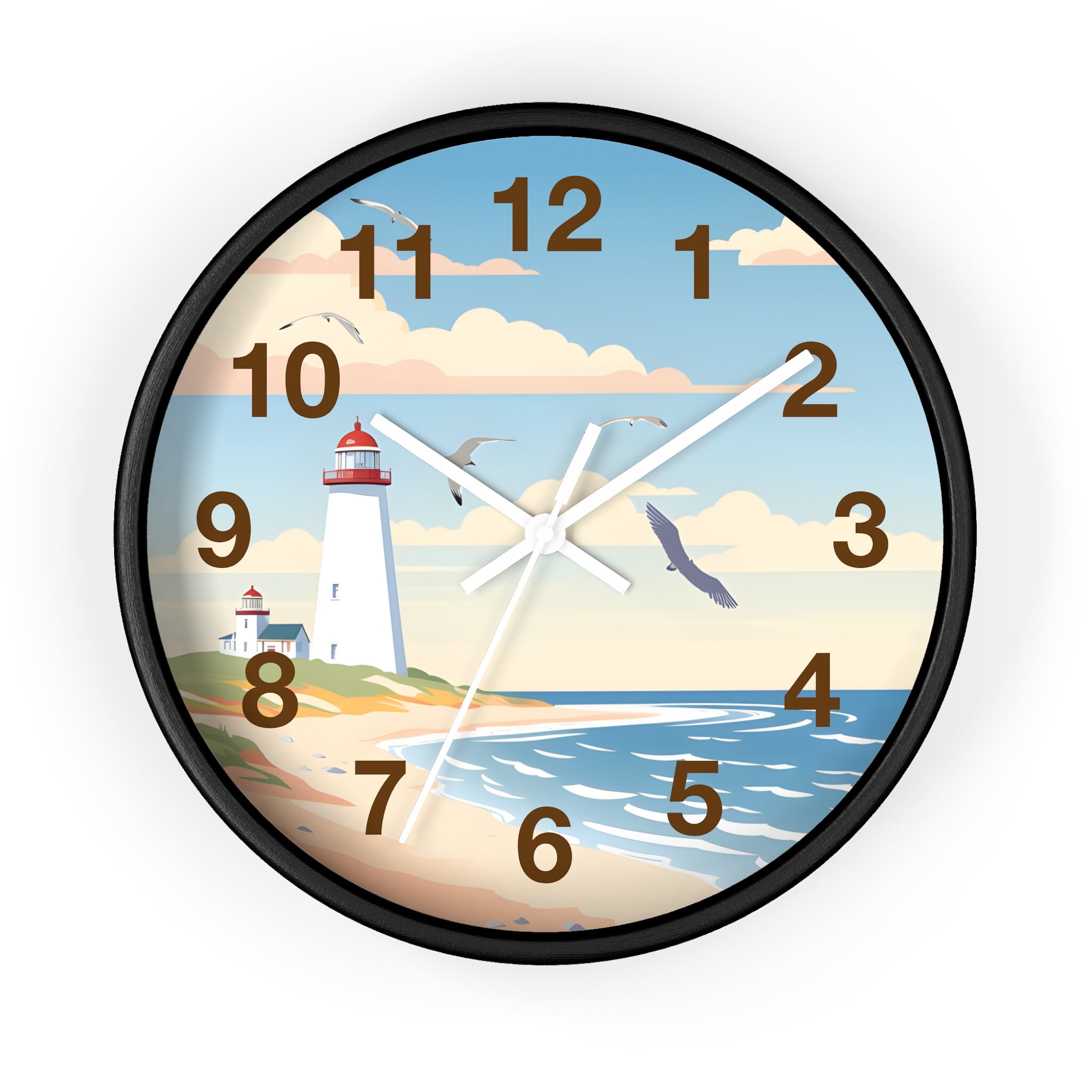 Lighthouse Wall Clock With Ocean Scene and Beach - Coastal Nautical Wall Clock for Seaside ...