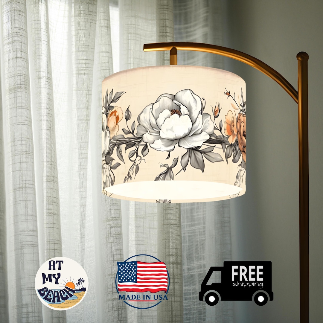 Floral Floor Lamp With Arched Arm and Vintage Peony Illustration Shade ...