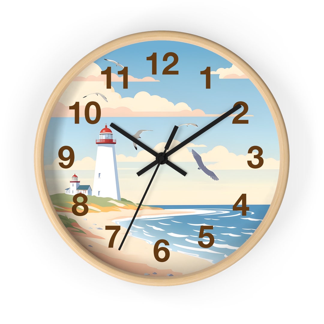 Lighthouse Wall Clock With Ocean Scene and Beach Coastal Decor for ...