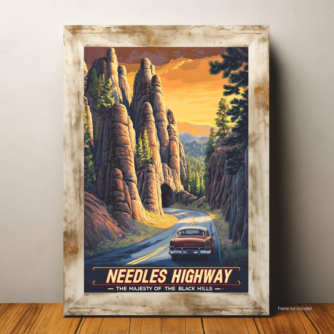 Needles Highway Vintage Poster With Classic Car, Black Hills Scenic ...