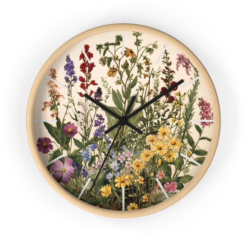 Vintage Look Botanical Wall Clock - Herbs and Flowers Home Decor ...
