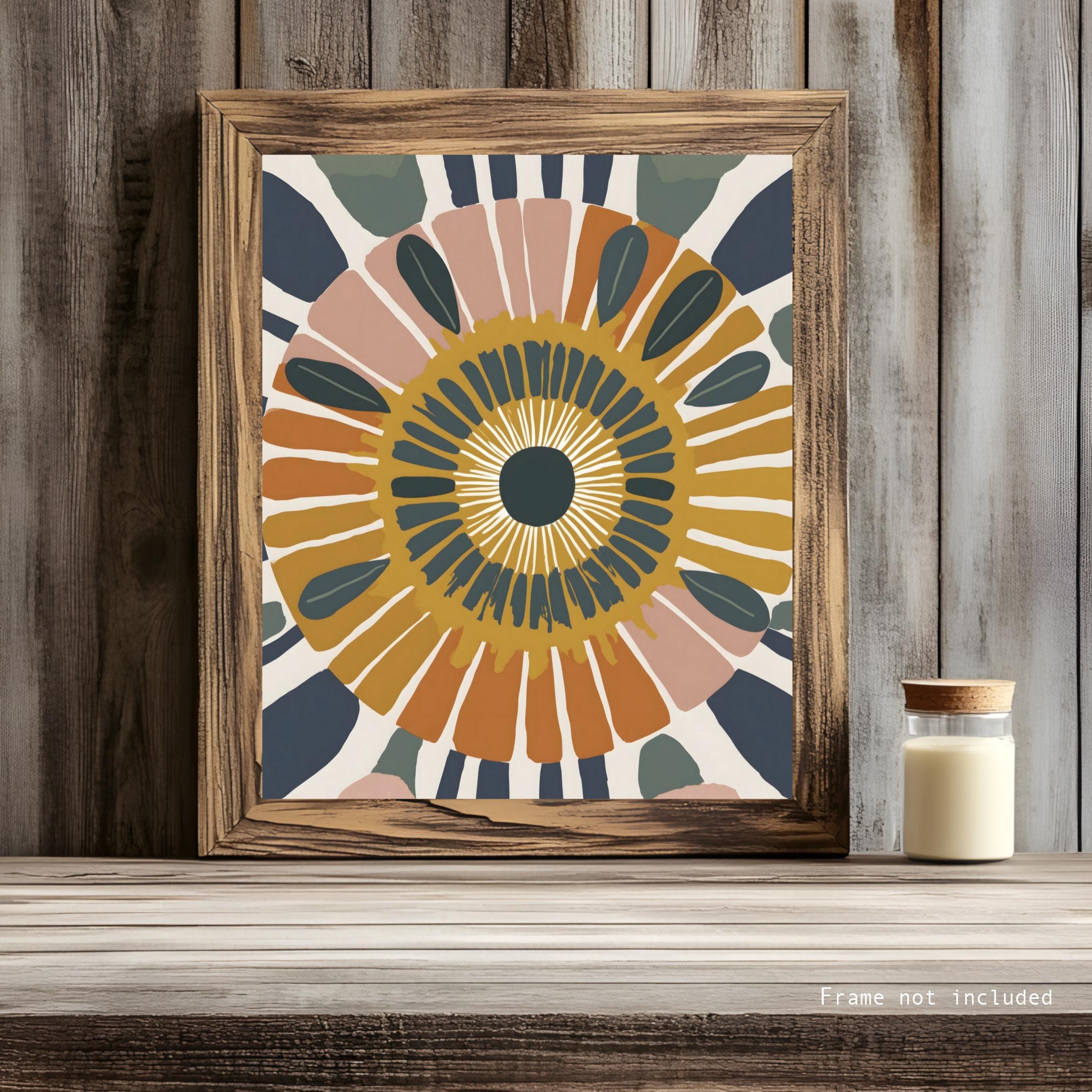 Retro Sunburst Flower Wall Art Print, Bold Abstract Floral Poster, Mid ...
