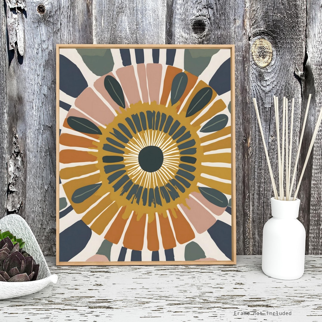 Retro Sunburst Flower Wall Art Print, Bold Abstract Floral Poster, Mid ...