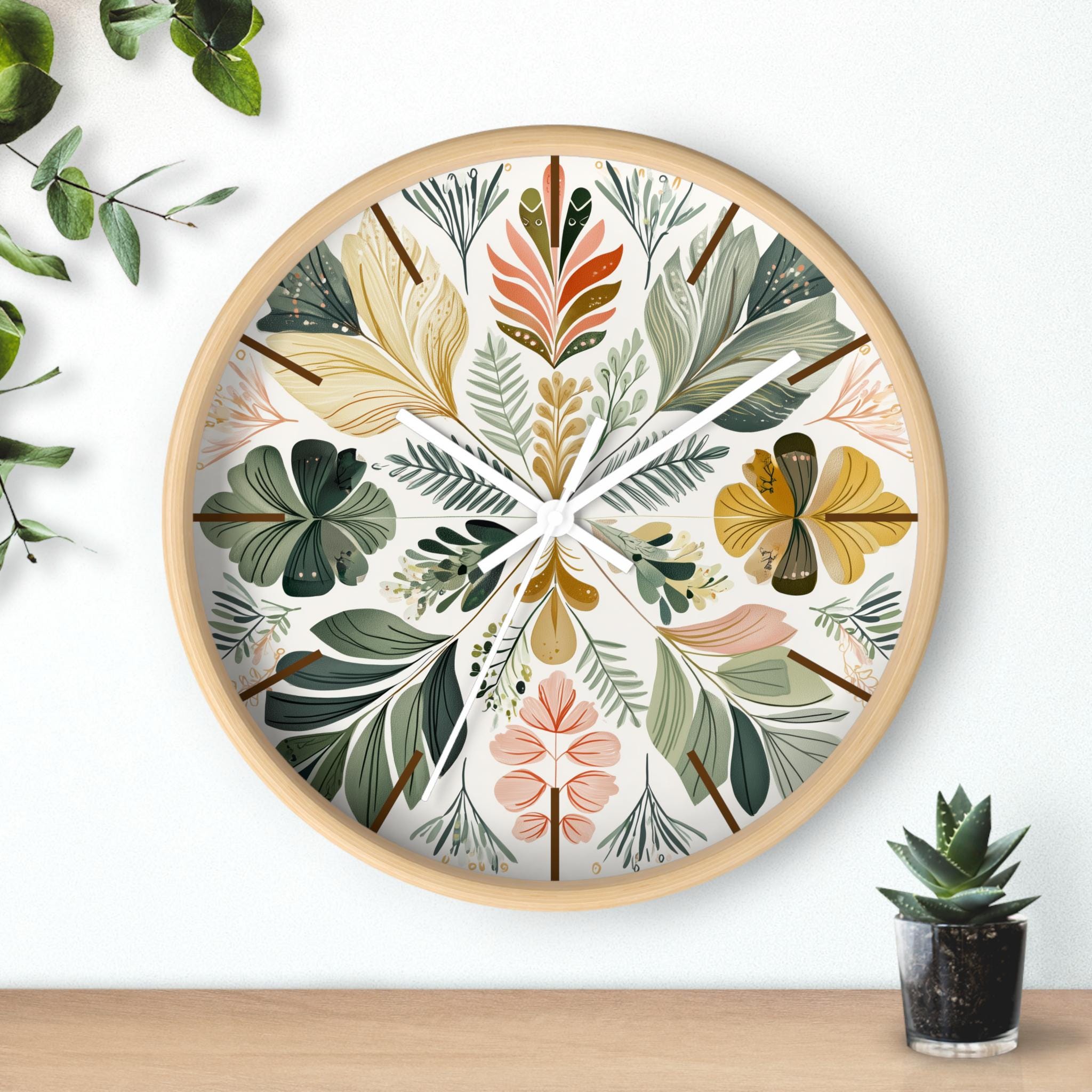 Mid Century Modern Wall Clock With Botanical Floral Design, Quiet Non ...