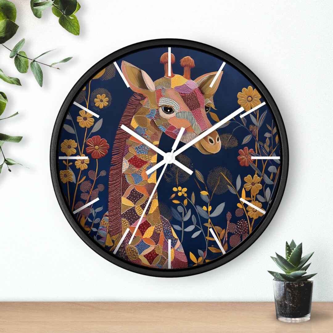 Vibrant Giraffe Wall Clock With Floral Design, 10" Decorative Animal ...