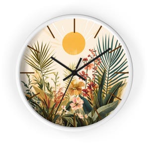 Floral Wall Clock With Wooden Frame - Tropical Plant Design Decorative ...