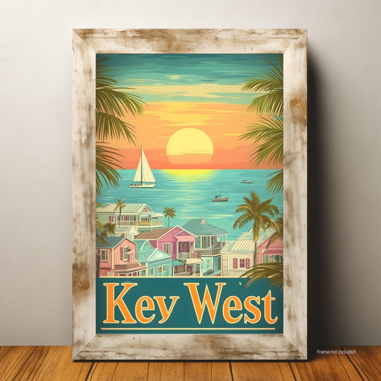 Vintage Style Key West Travel Poster, Tropical Sunset Wall Art, Coastal ...