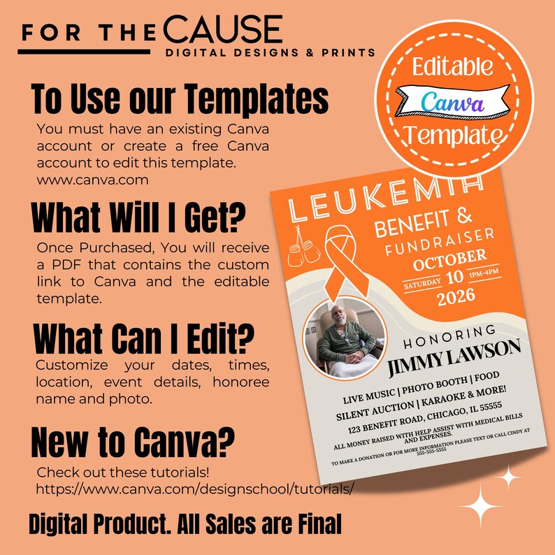 Leukemia Fundraiser Flyer Template | Editable Canva, Orange Ribbon ...