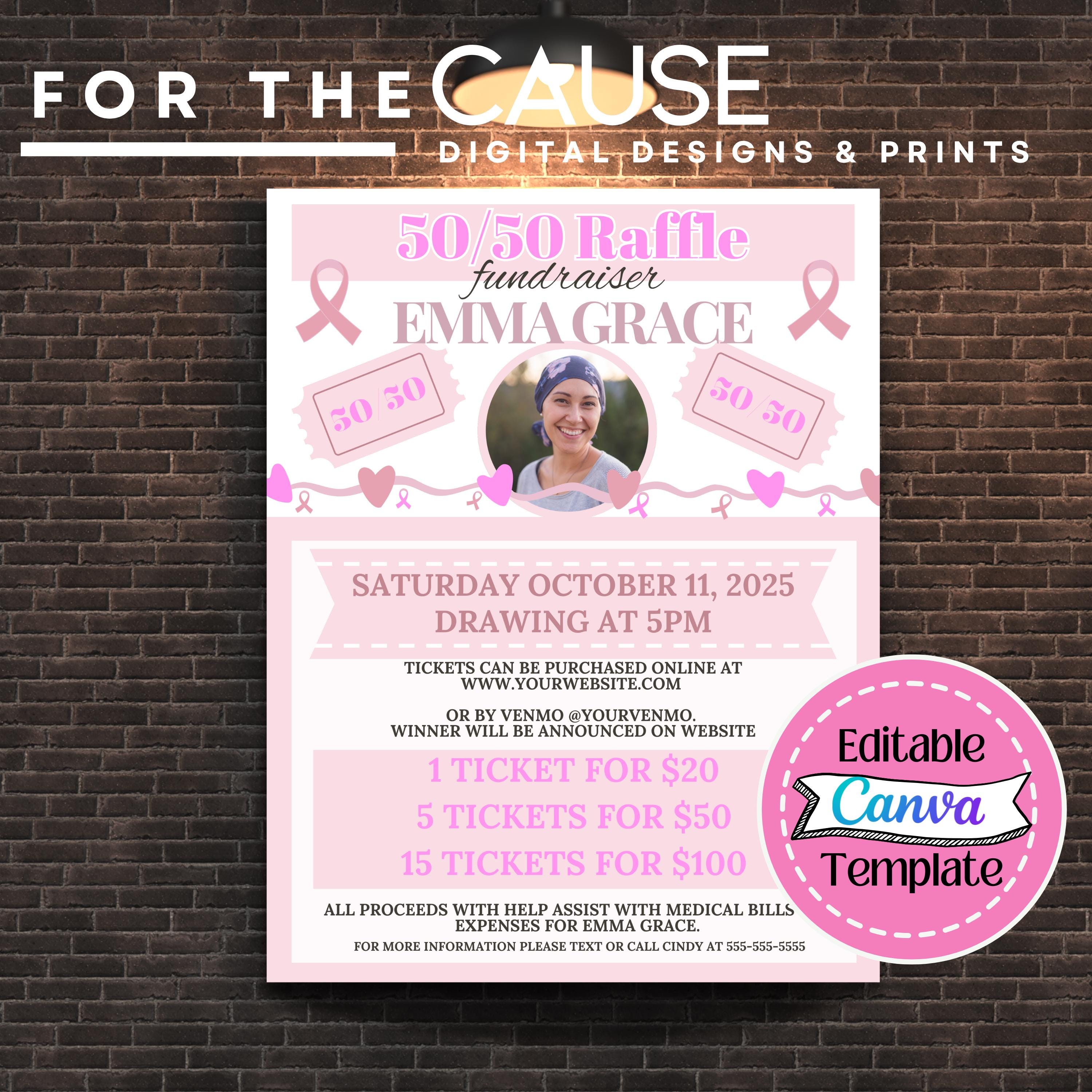 Editable 50/50 Raffle Fundraiser Flyer Canva Template | Breast Cancer ...
