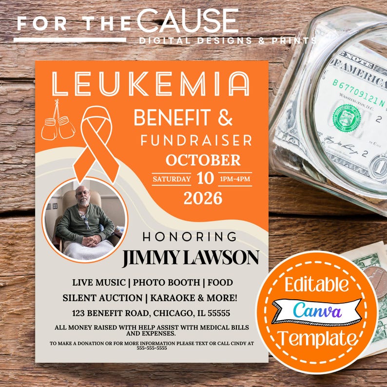 Leukemia Fundraiser Flyer Template | Editable Canva, Orange Ribbon ...