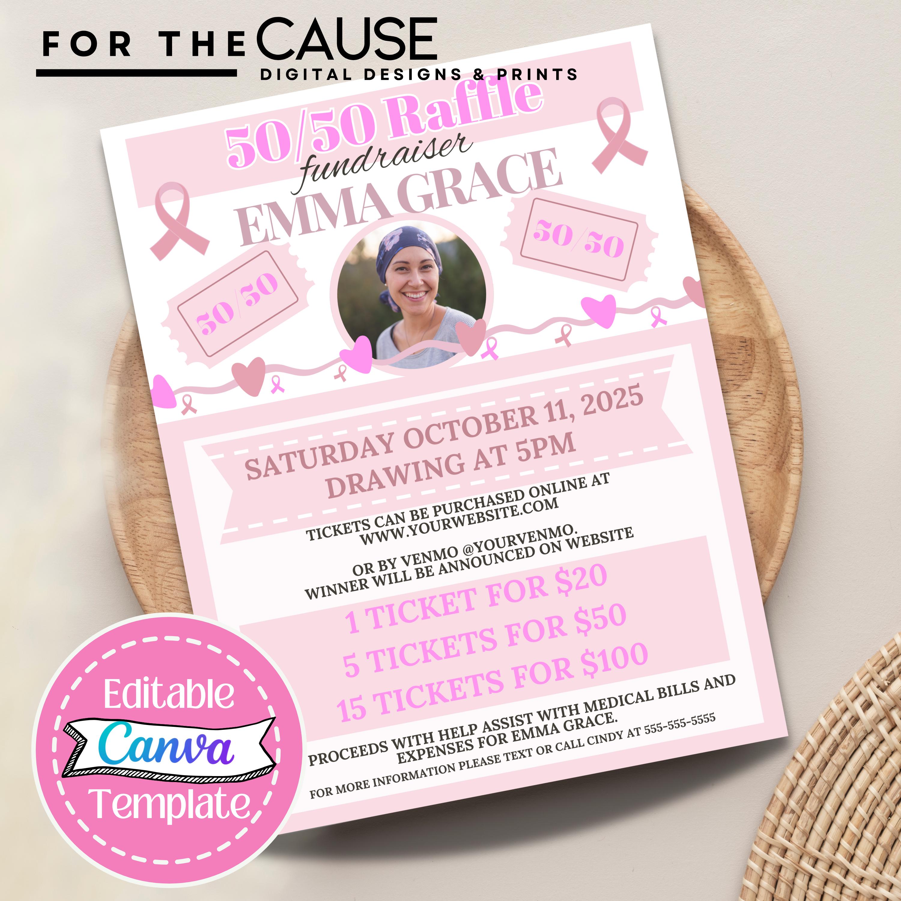 Editable 50/50 Raffle Fundraiser Flyer Canva Template | Breast Cancer ...
