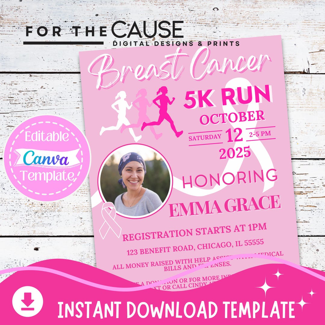 Breast Cancer 5K Walk Run Flyer Template | Editable Canva Pink Ribbon ...