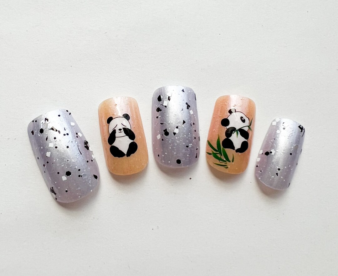 24 Panda Bear Press on Nails, Fake Nails, False Nails, Glitter, Kawaii ...