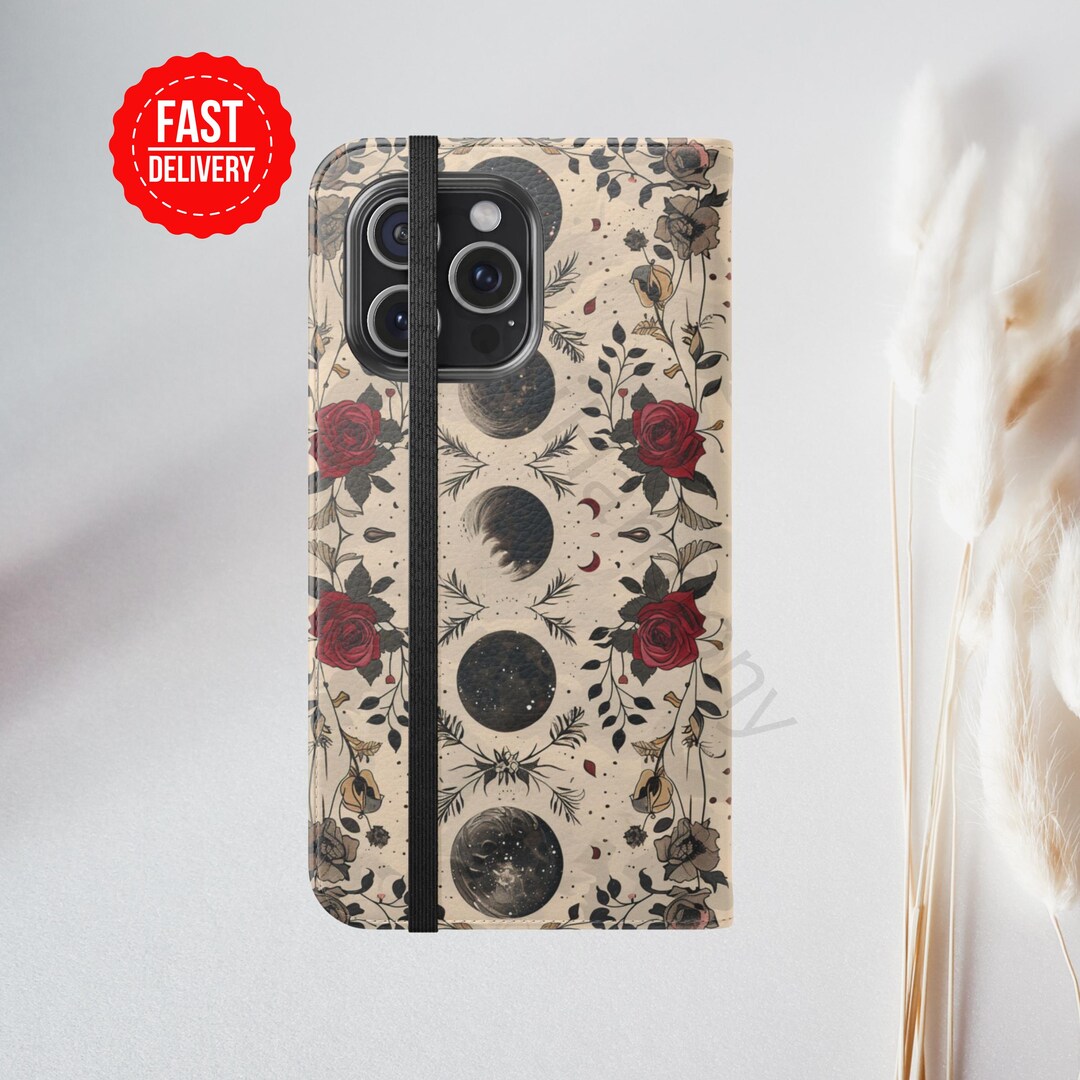 Moon Phases Folio Phone Case | Gothic Roses Wallet Flip Cover for ...
